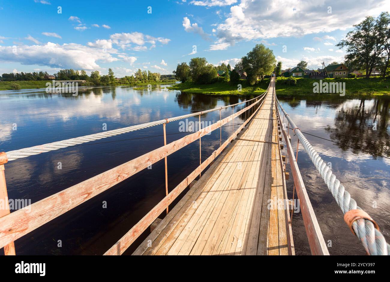Suspension bridge across the Msta river in Borovichi, Russia Stock ...