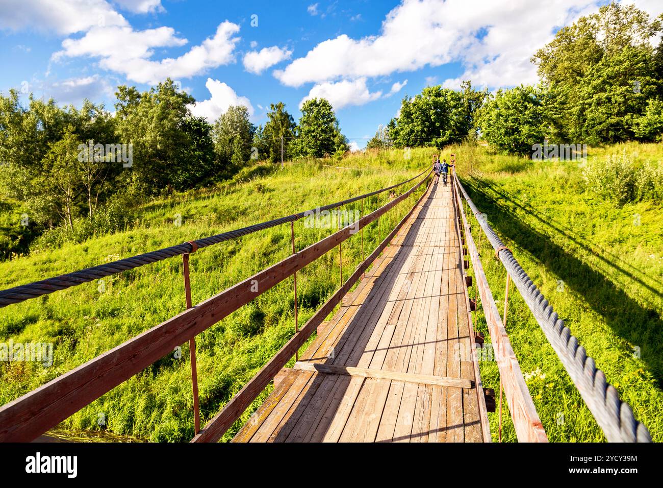 Suspension bridge across the Msta river in Borovichi, Russia Stock ...
