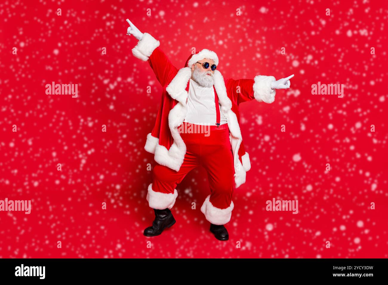 Full body photo of funky fat santa claus with big funny abdomen dancing ...
