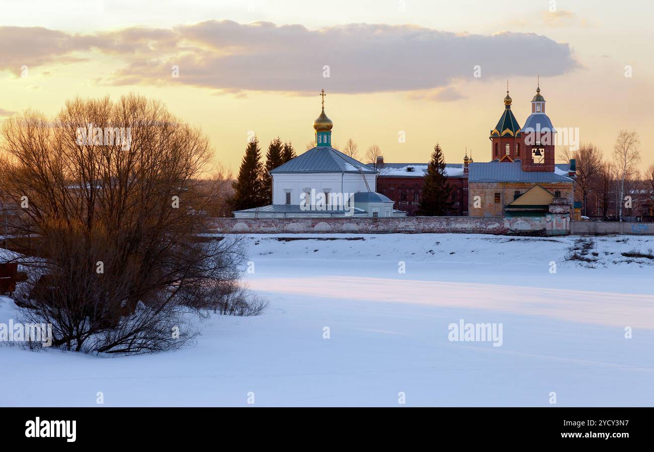 View on the Holy Spirit Monastery in sunset in Borovichi, Russia Stock ...