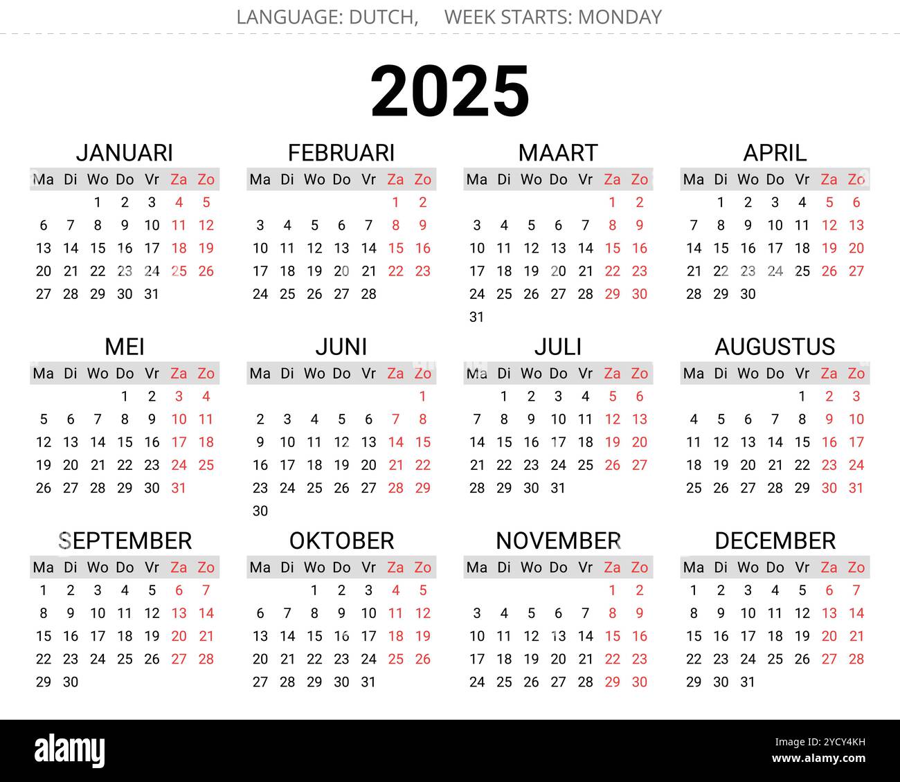 2025 dutch calendar. Printable, editable vector illustration for Dutch ...