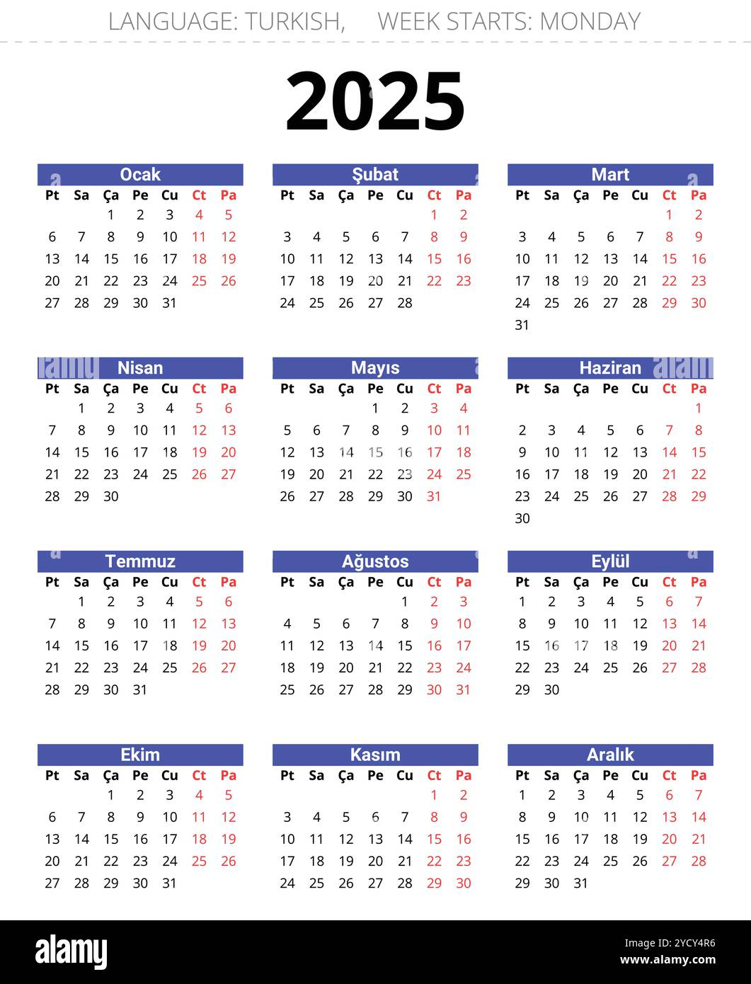 2025 year turkish calendar - takvim. Printable vector illustration for ...
