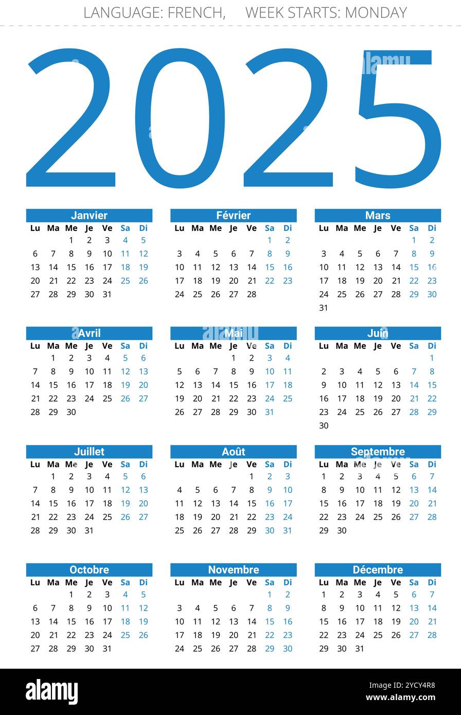 2025 French calendar (calendrier). Editable vector illustration design ...