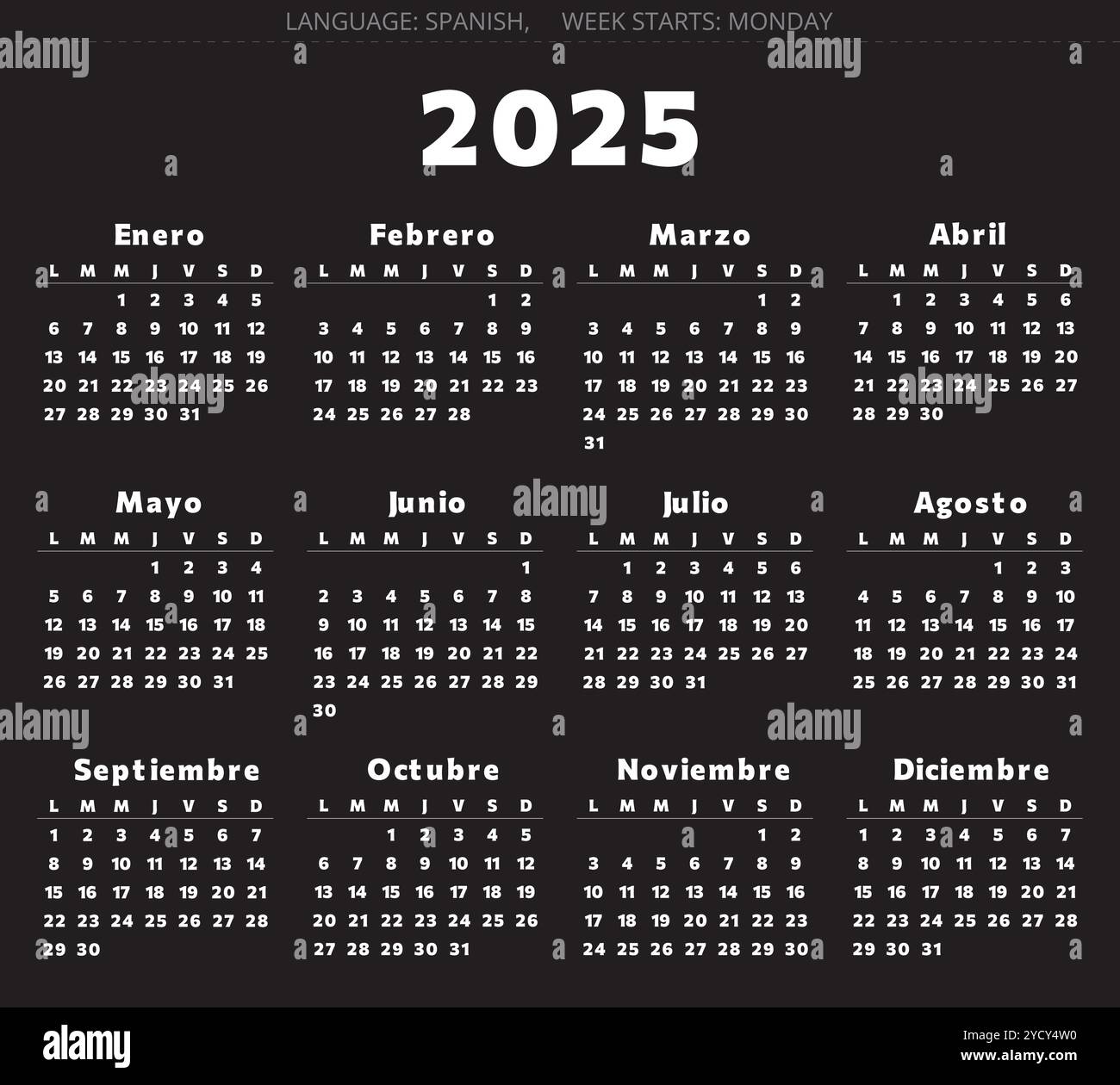 Spanish 2025 year calendar. Printable vector color illustration for ...