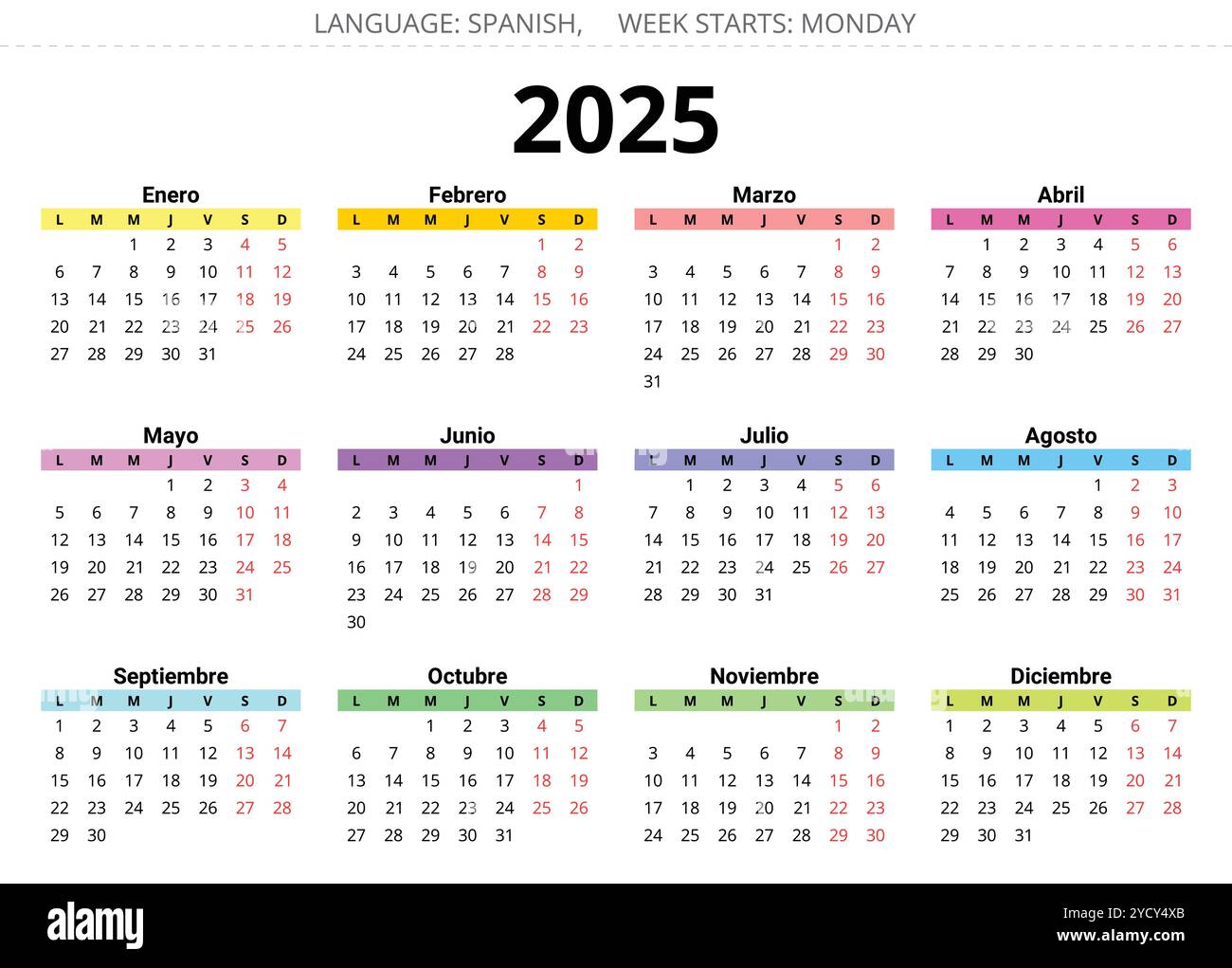 Spanish 2025 year annual calendar. Printable and editable vector ...