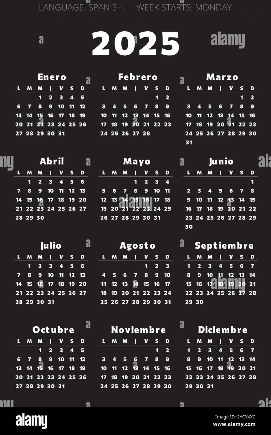 Spanish 2025 year calendar. Printable vector illustration for Spain. On ...