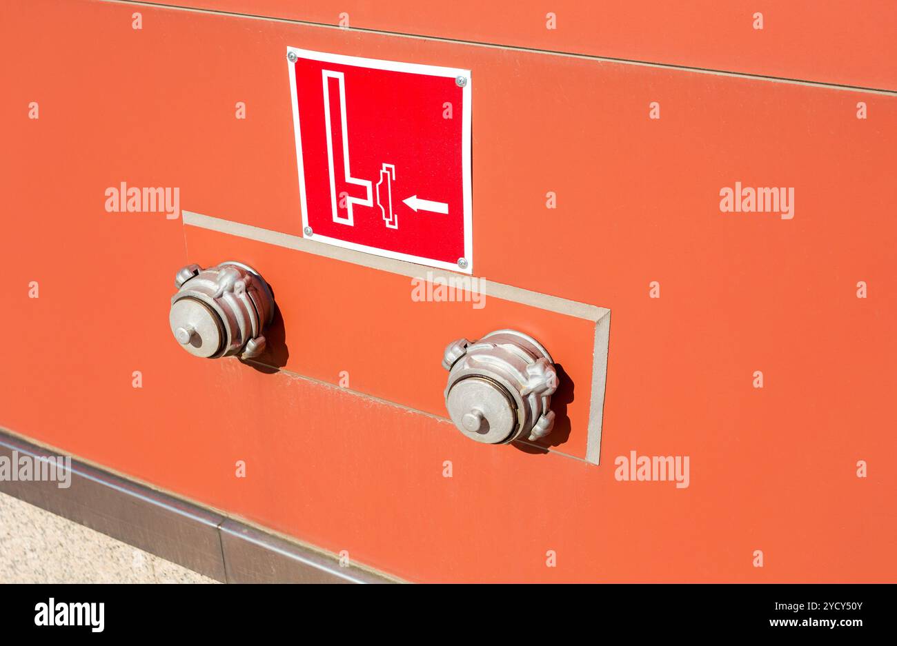 Water valve tank of FDC (Fire Department Connection) and warning sign ...