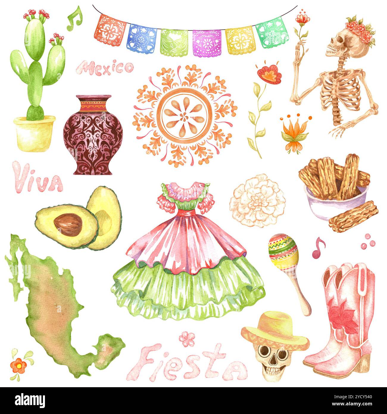 Cinco de Mayo watercolor set. Mexico design elements, chilli pepper ...