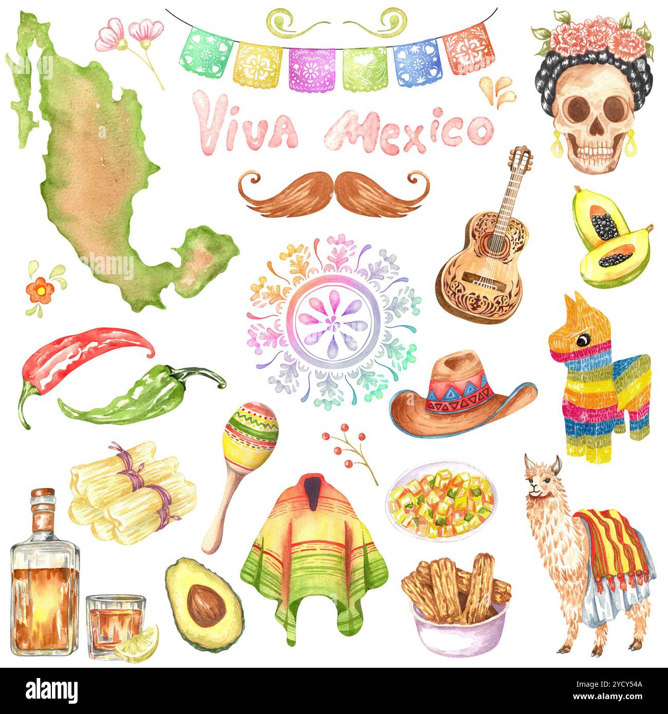 Cinco de Mayo watercolor set. Mexico design elements, chilli pepper ...