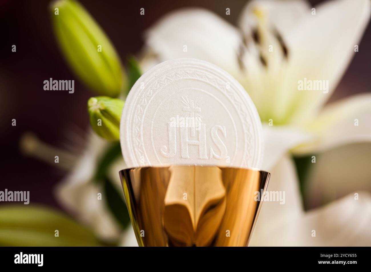 Symbol christianity religion a golden chalice with grapes and bread ...