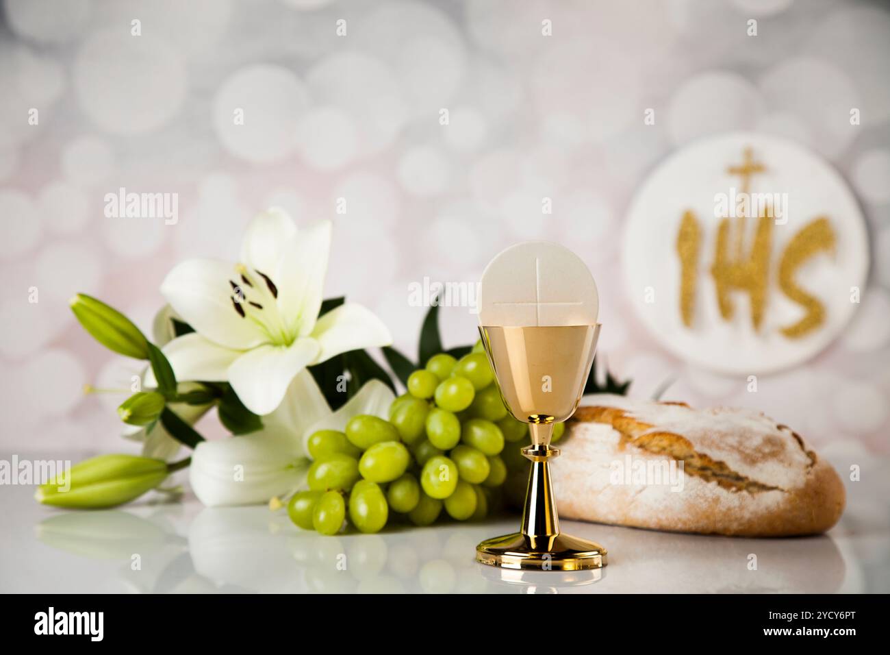 Eucharist symbol of bread and wine, chalice and host, First communion ...