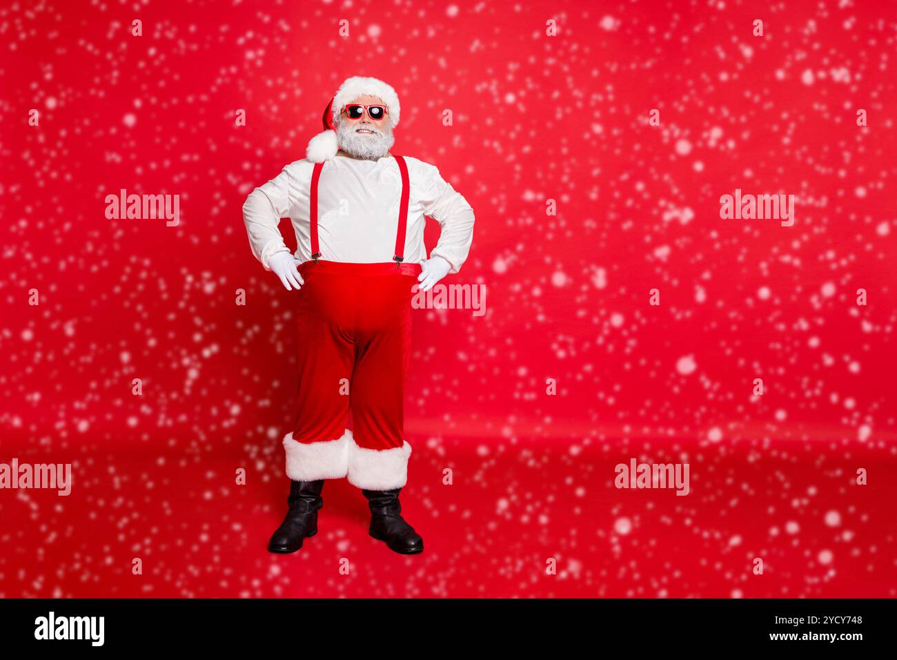 Full body photo of positive funny fat overweight santa claus with style ...