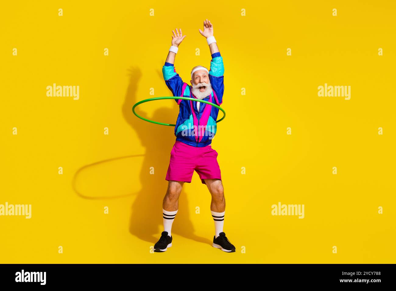 Full size photo of funky sporty man hula hoop spin empty space vintage ...