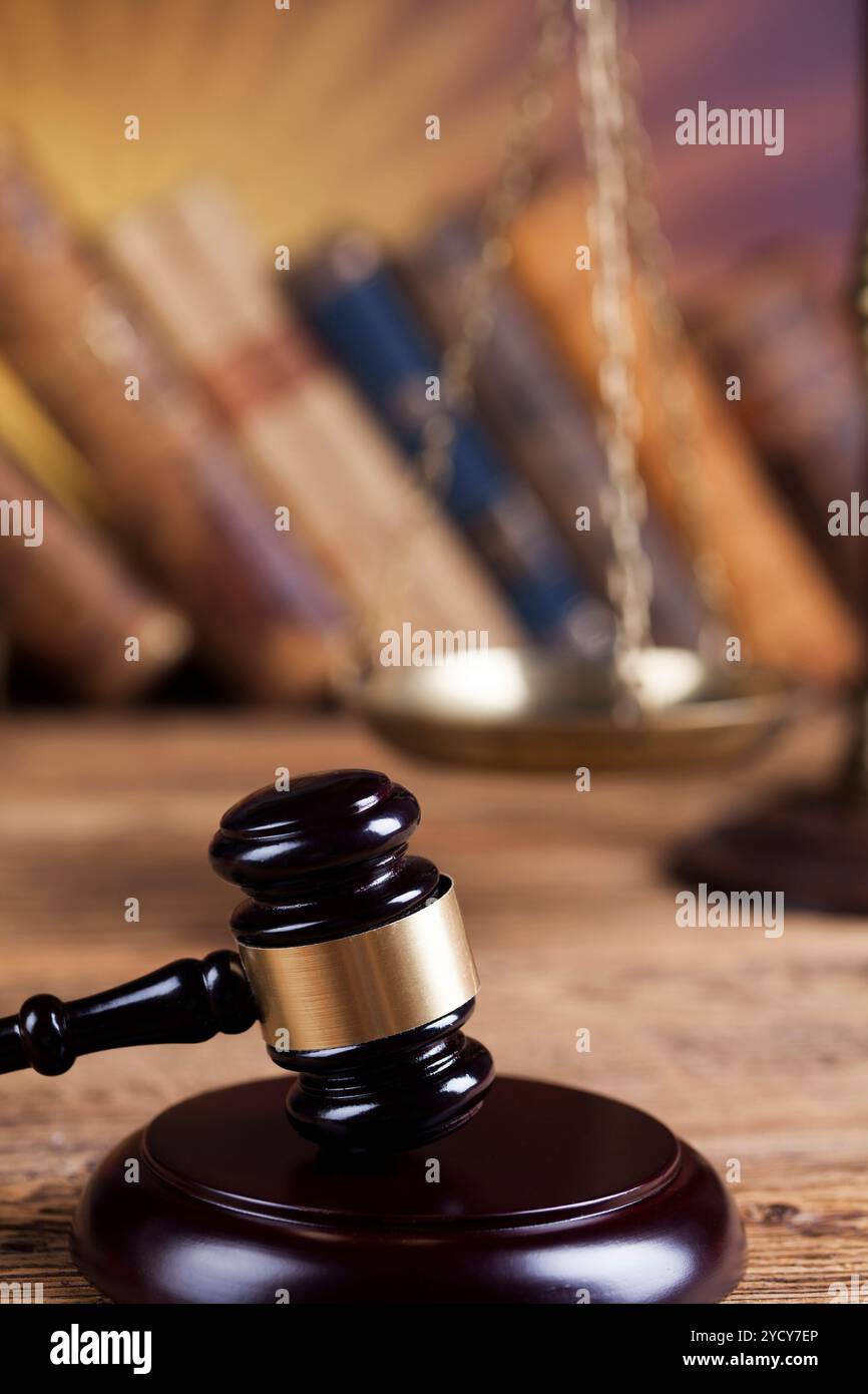 Law theme, mallet of the judge, wooden desk background Stock Photo - Alamy