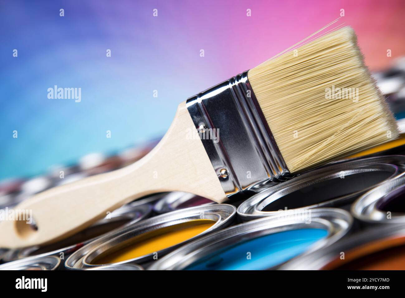 Paint brush, tin can and color guide samples Stock Photo - Alamy