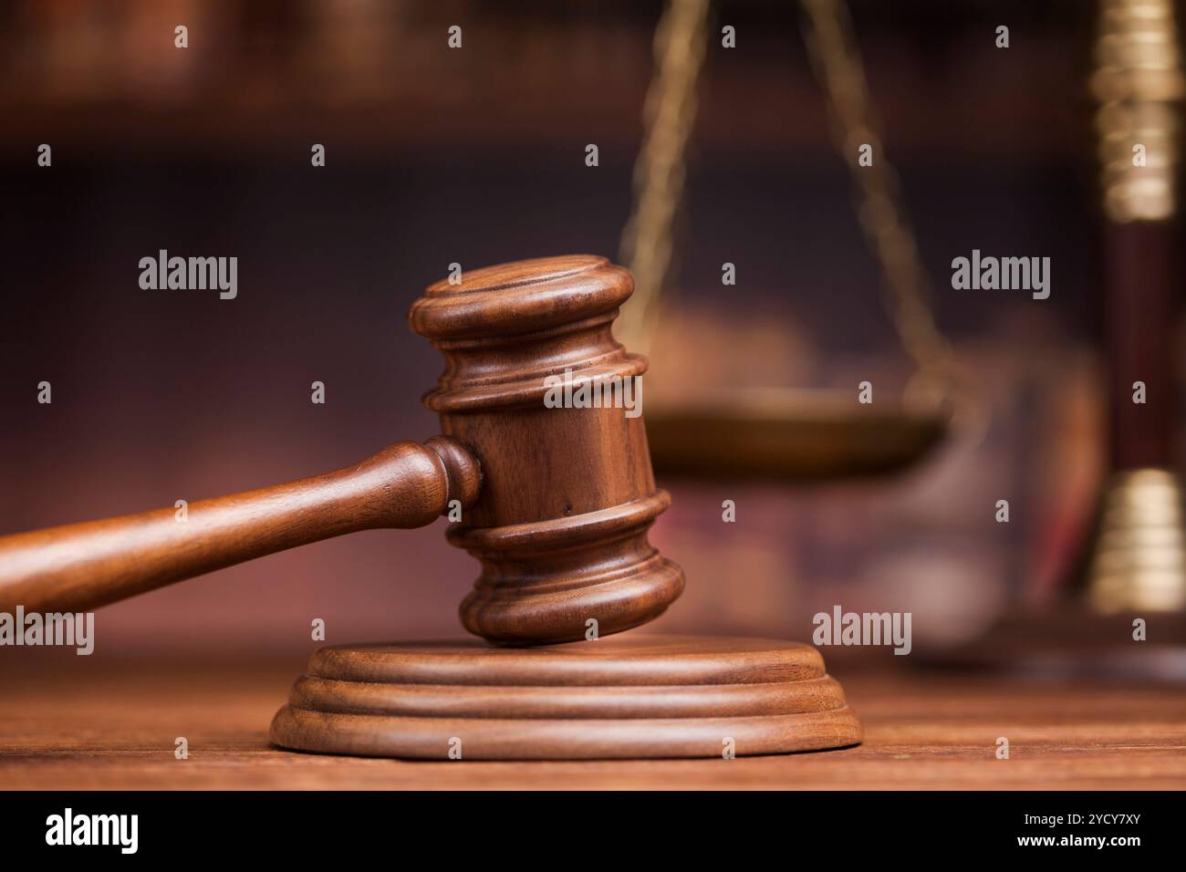 Law theme, mallet of the judge, justice scale, books, wooden desk Stock Photo - Alamy
