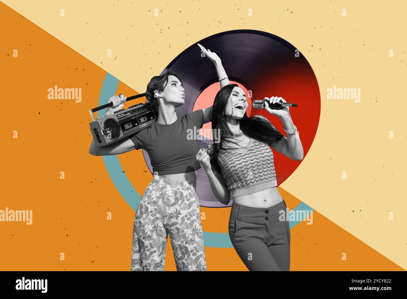 Composite photo collage of two happy girls dance karaoke event mic ...