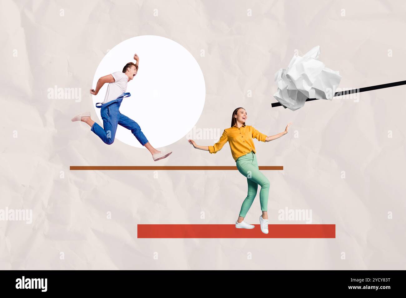 Creative collage picture young man woman dance run escape pollution ...