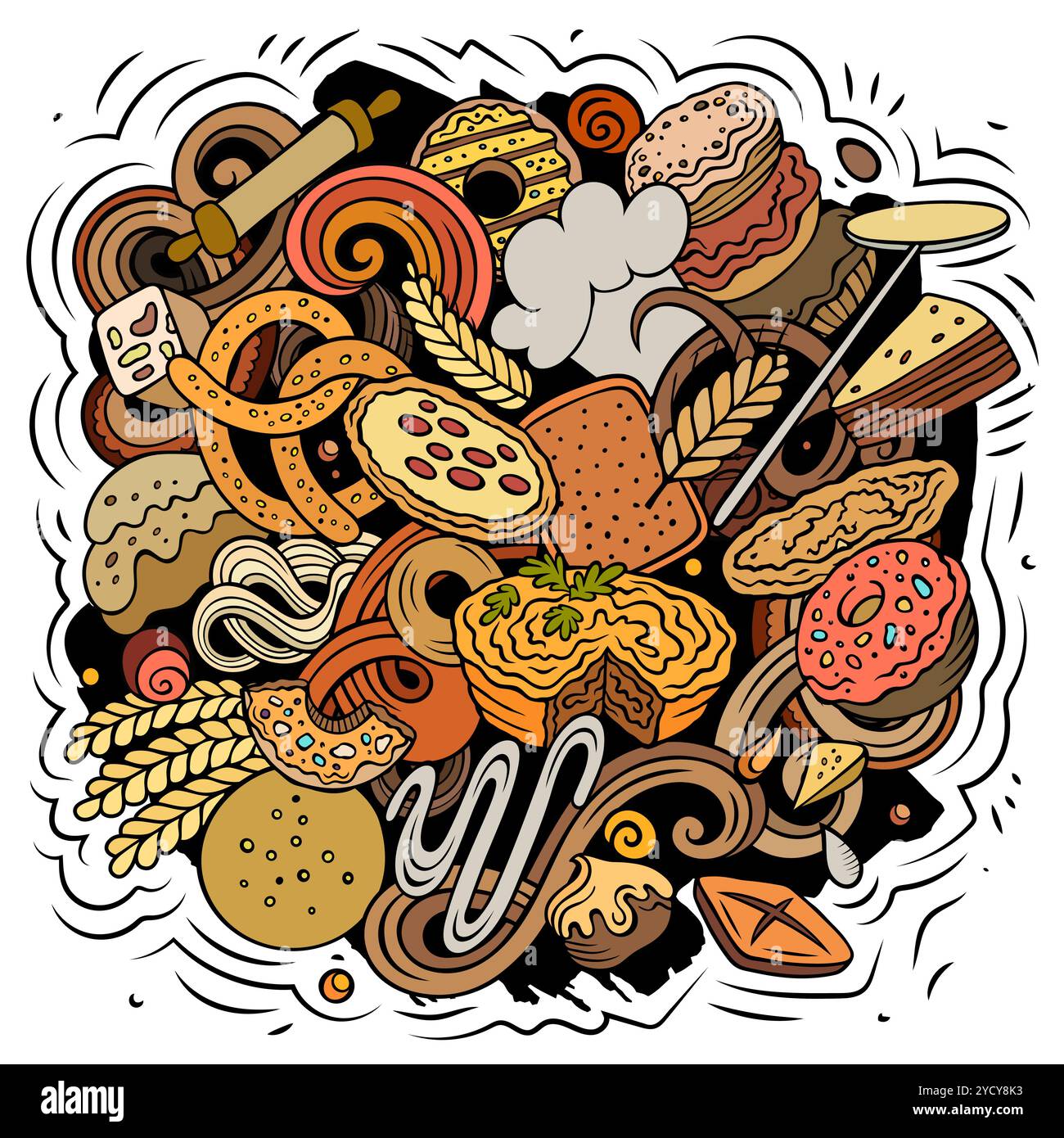 Cartoon vector Bakery doodle illustration features a variety of ...