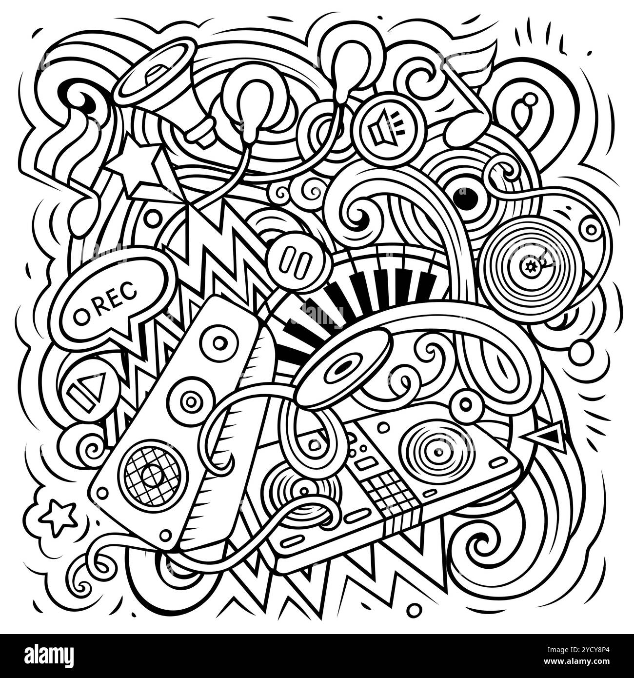 Cartoon vector doodles Disco music illustration. Line art, detailed ...