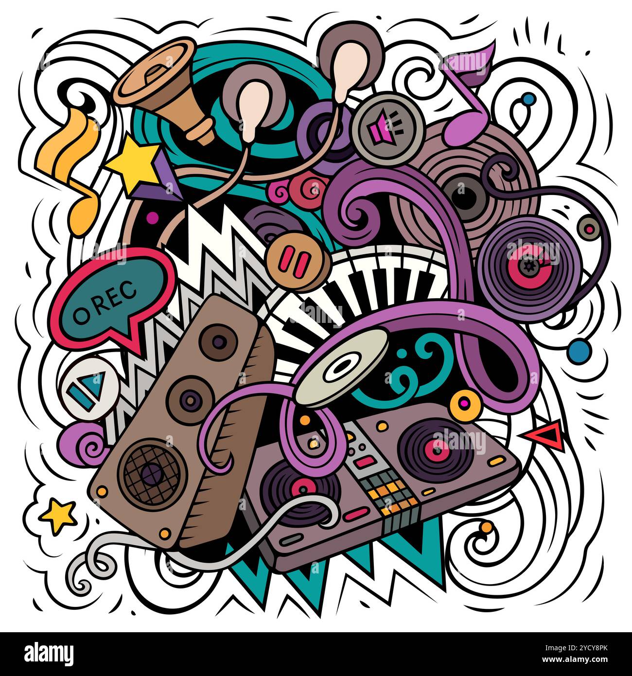 Cartoon vector doodles Disco music illustration. Colorful, detailed ...