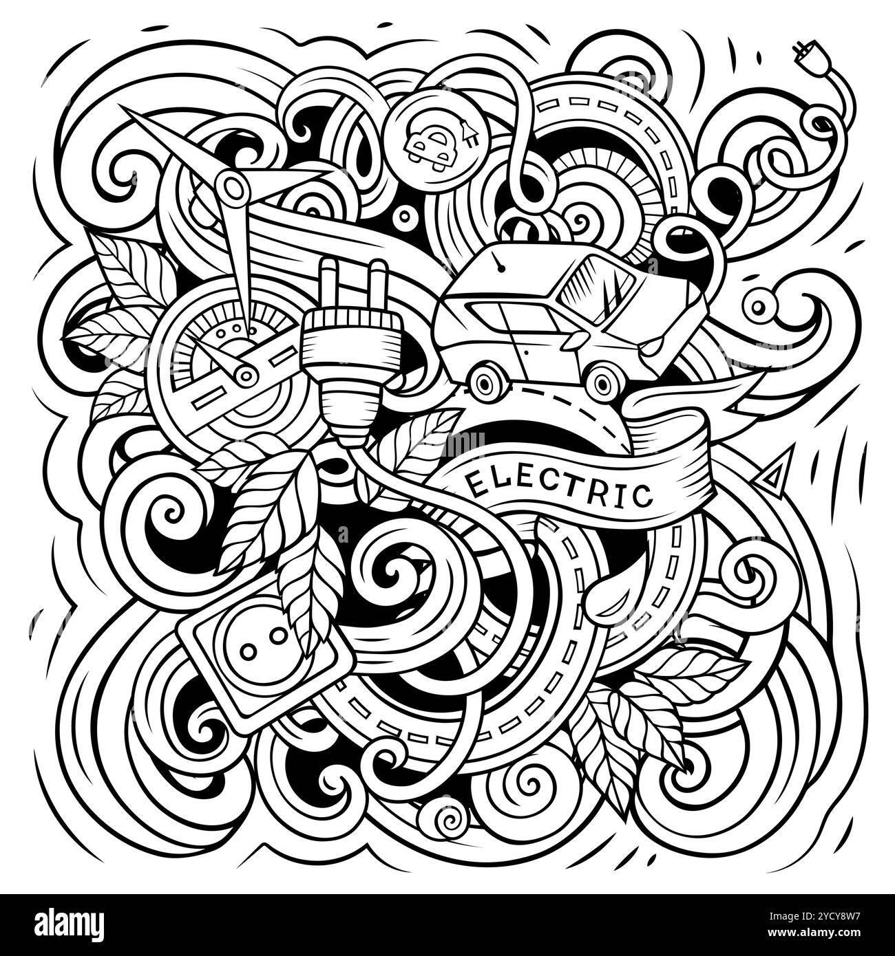 Electric Cars cartoon vector doodle design. Line art detailed ...