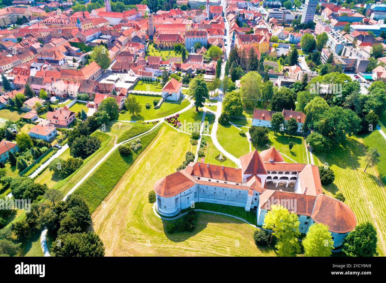 Town of Varazdin historic center and famous landmarks aerial view Stock ...