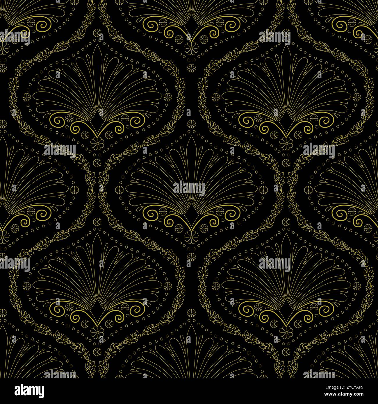 Seamless pattern with golden anthemion floral motifs on a black ...