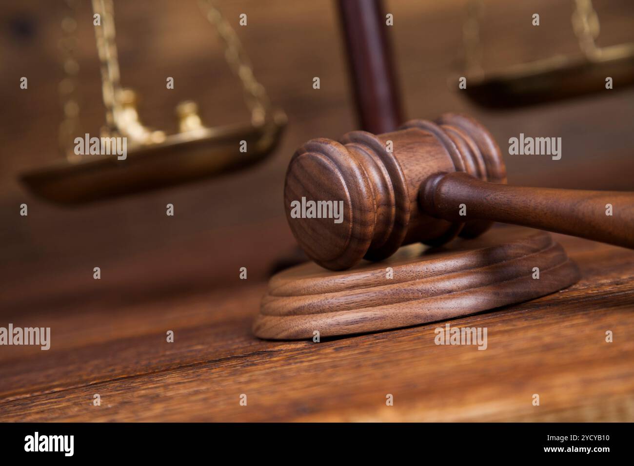 Mallet of the judge, justice scale, wooden desk background Stock Photo ...