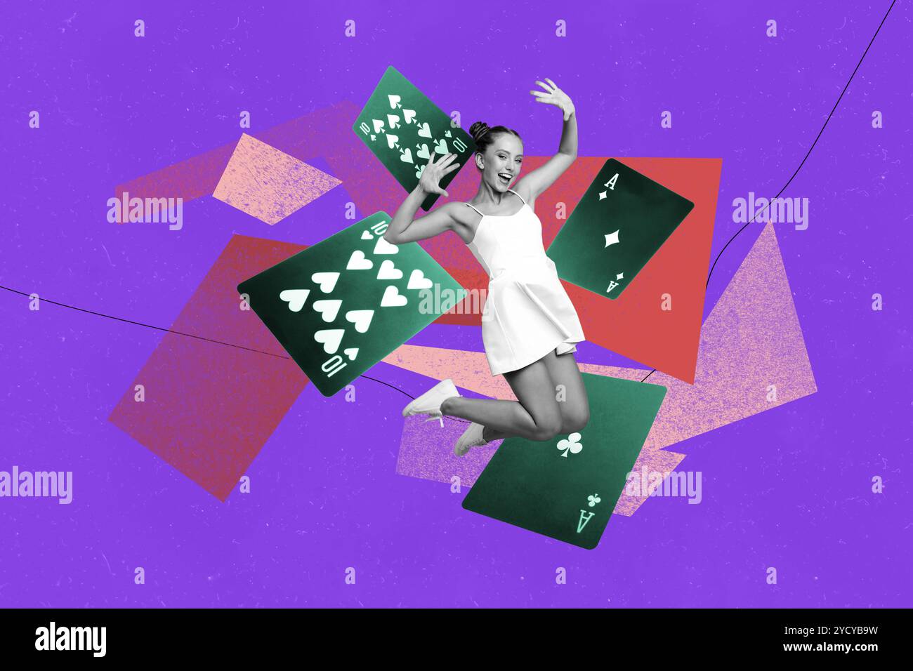 Creative collage picture young cheerful woman jump cards combination ...