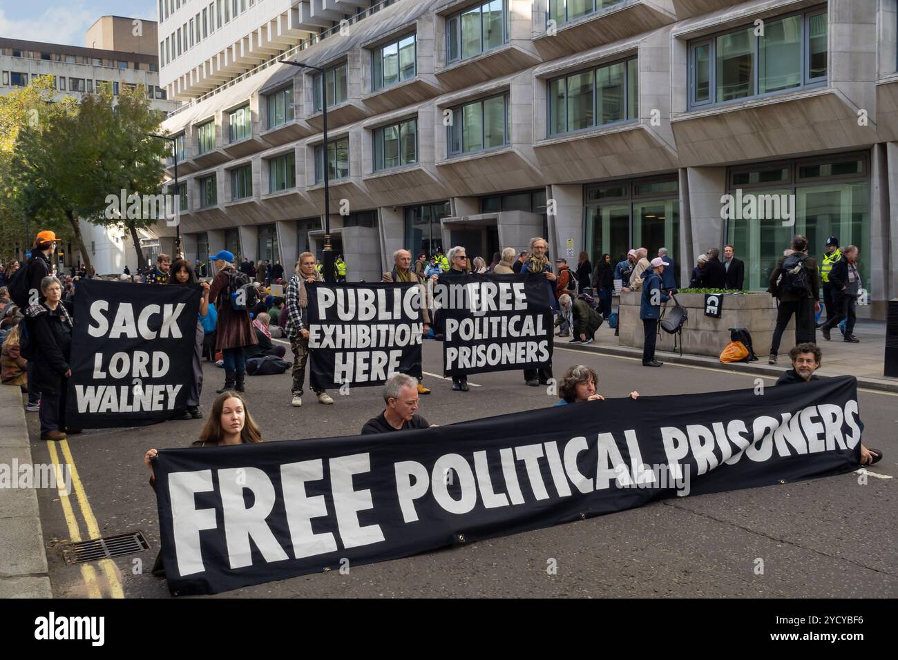 London, UK. 24 Oct 24. Banners on the road in front of the exhibition ...
