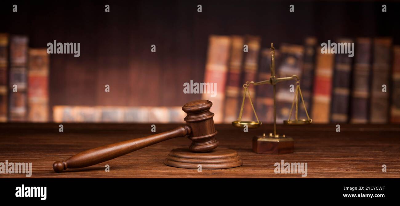 Law and justice concept, Brown wooden background Stock Photo - Alamy