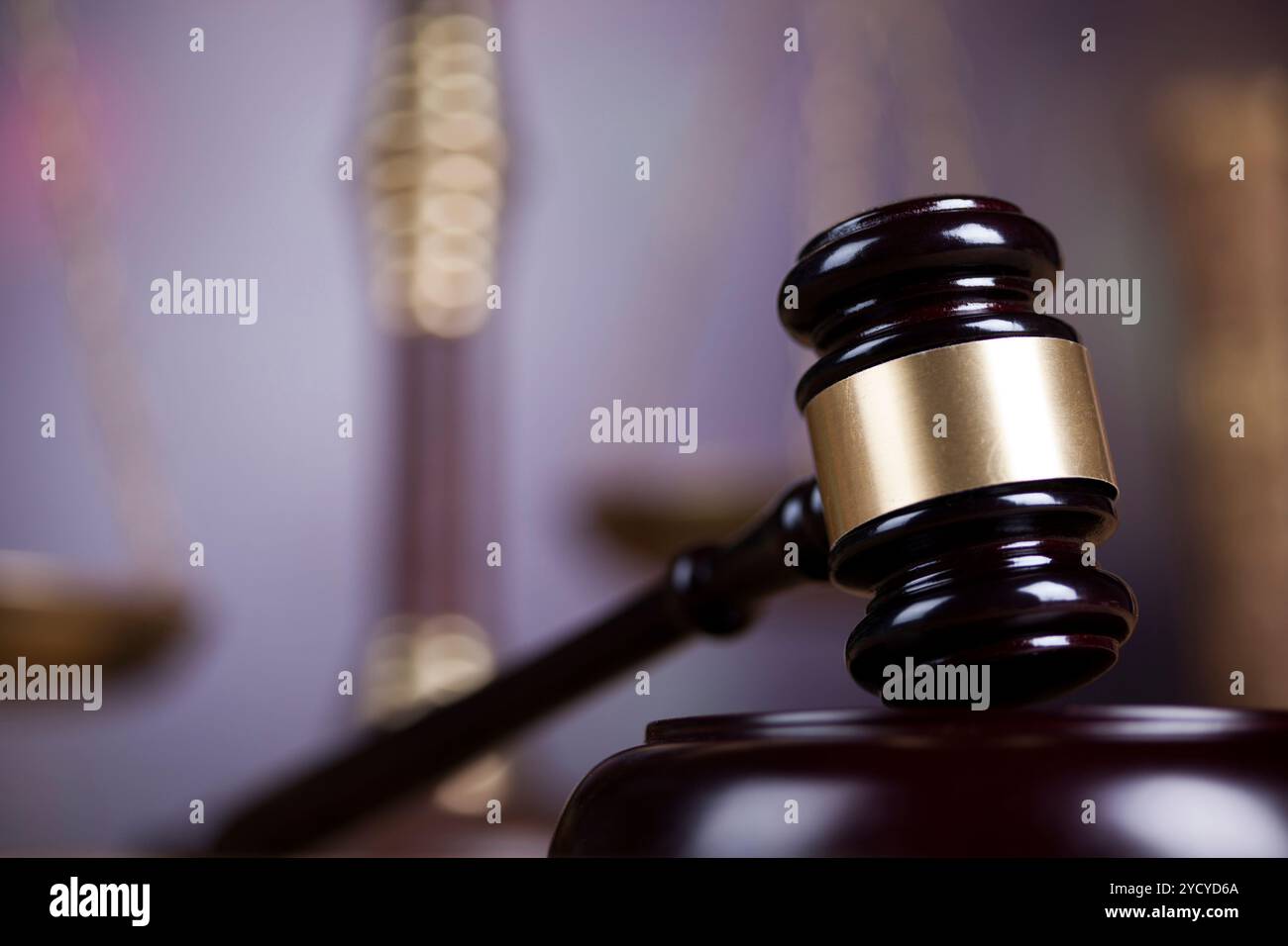Mallet of the judge, justice scale, wooden desk background Stock Photo ...