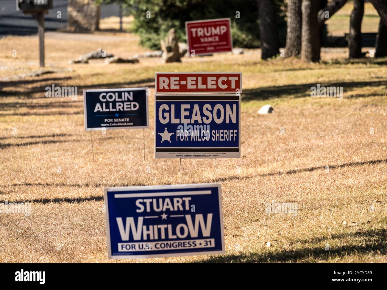 Georgetown, TX - 24 October 2024: Street signs and placards for local ...