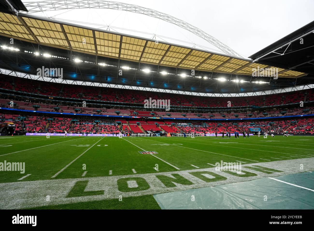 London signage is displayed on the sideline before an NFL football game between the Jacksonville ...