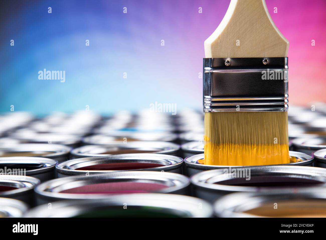 Paint brush, tin can and color guide samples Stock Photo - Alamy