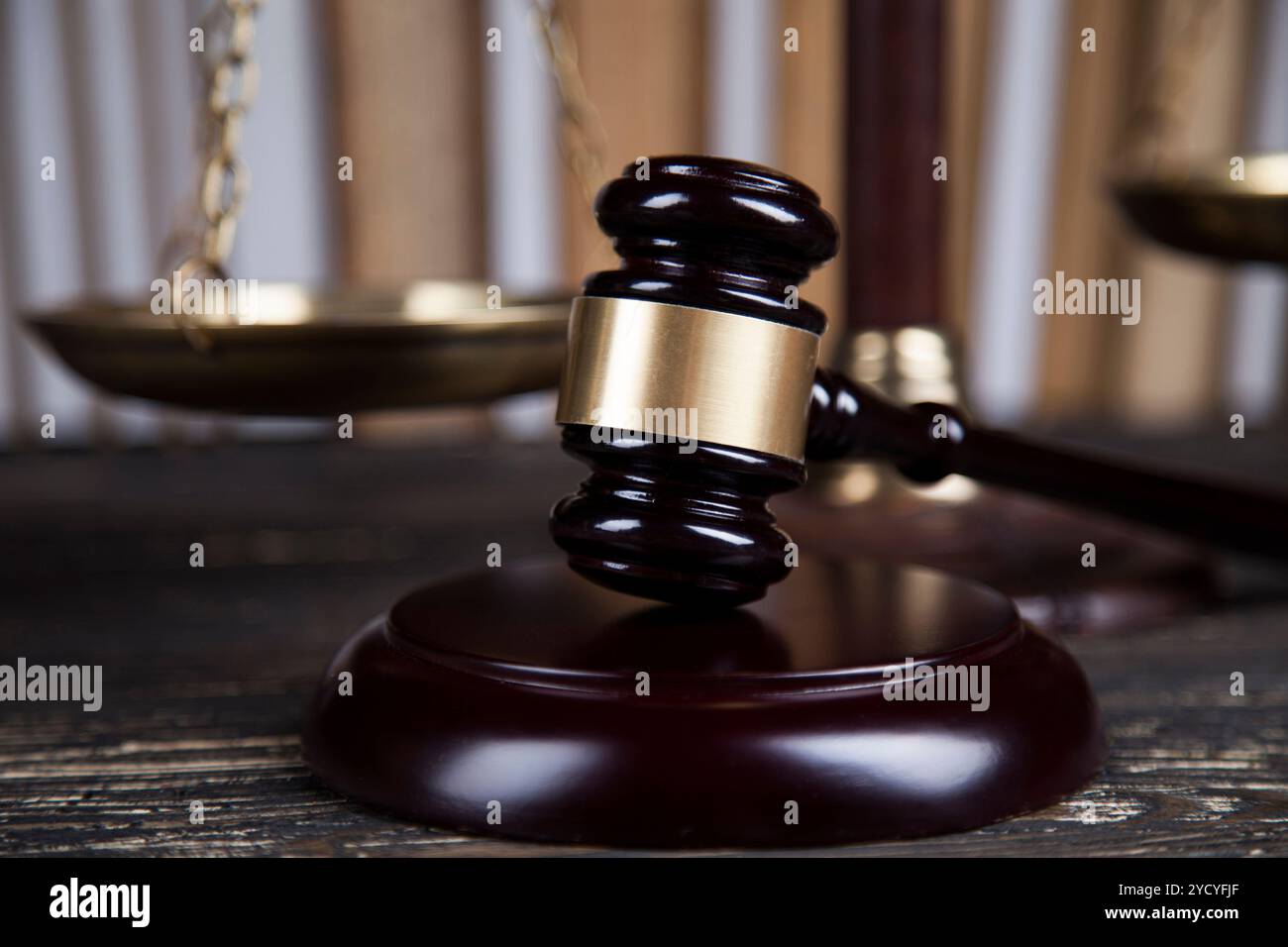 Law theme, mallet of the judge, wooden desk background Stock Photo - Alamy