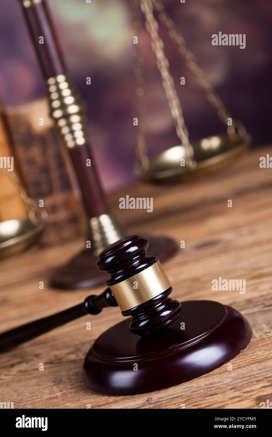 Mallet of the judge, justice scale, wooden desk background Stock Photo ...
