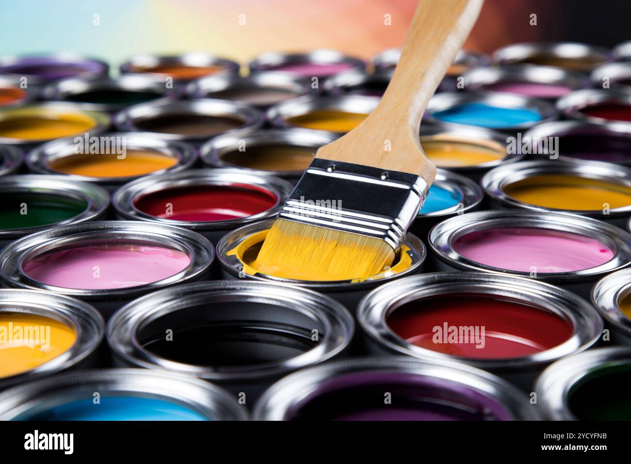 Paint brush, tin can and color guide samples Stock Photo - Alamy