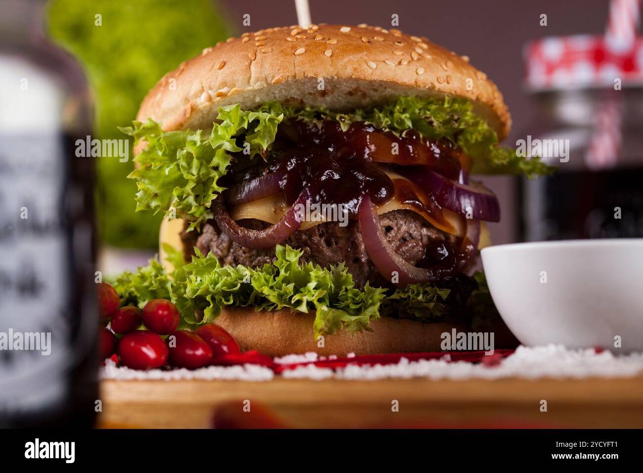Home made burgers on wooden background Stock Photo - Alamy