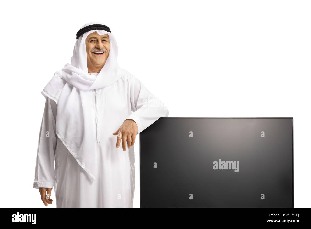 Traditional mature arab man leaning on a tv screen isolated on white ...
