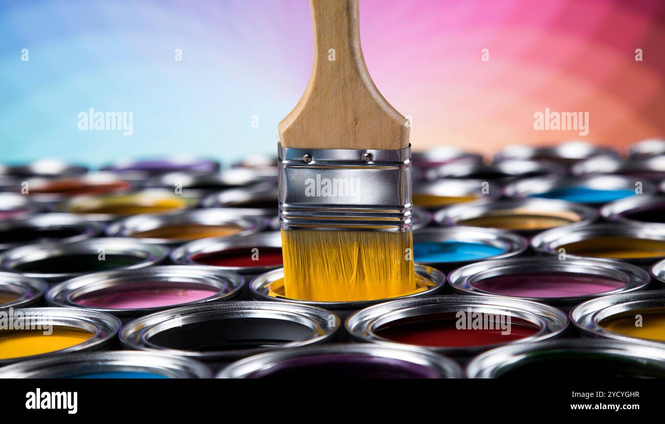 Paint brush, tin can and color guide samples Stock Photo - Alamy