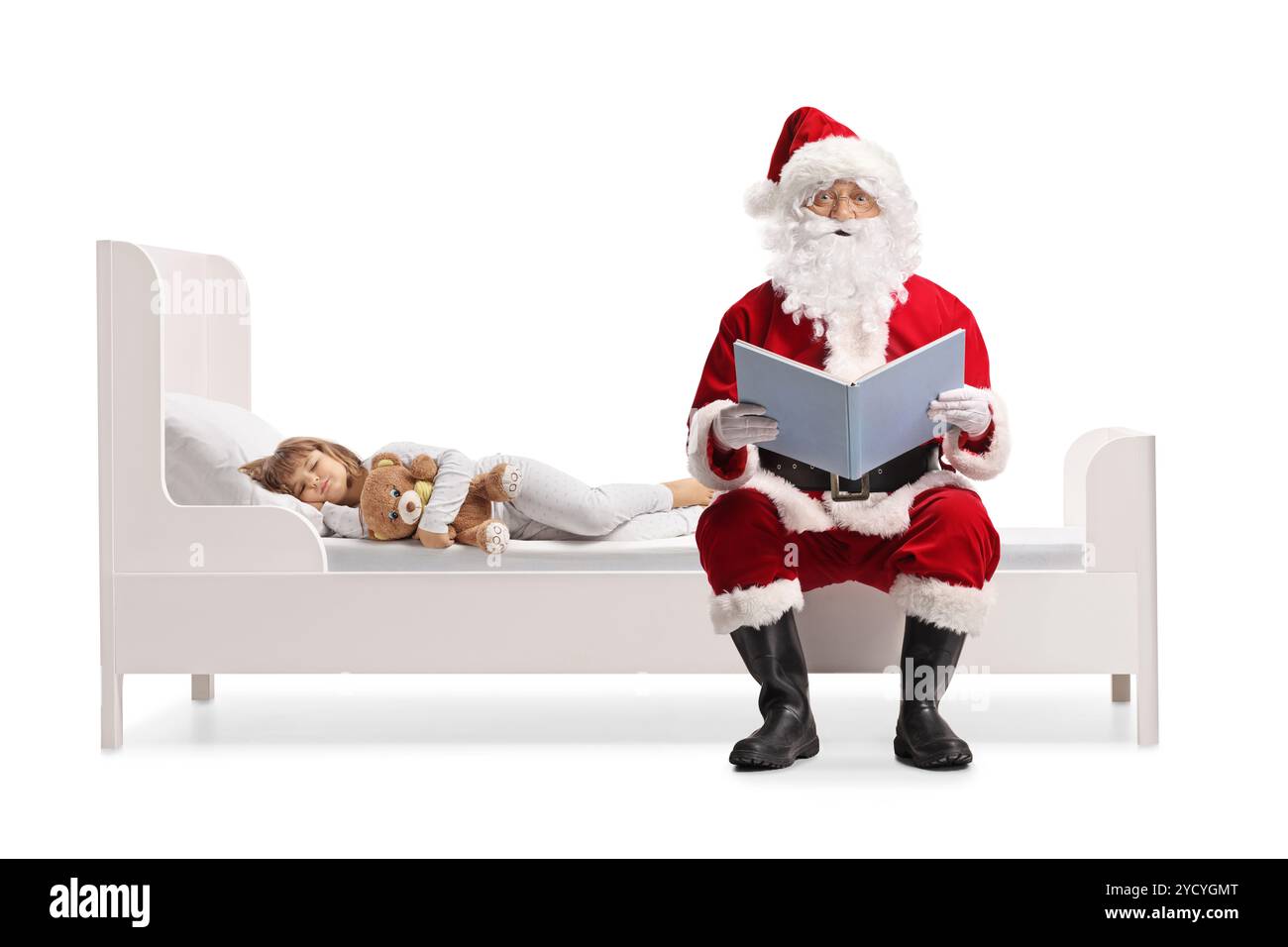 Santa claus reading a book to a sleeping girl isolated on white ...