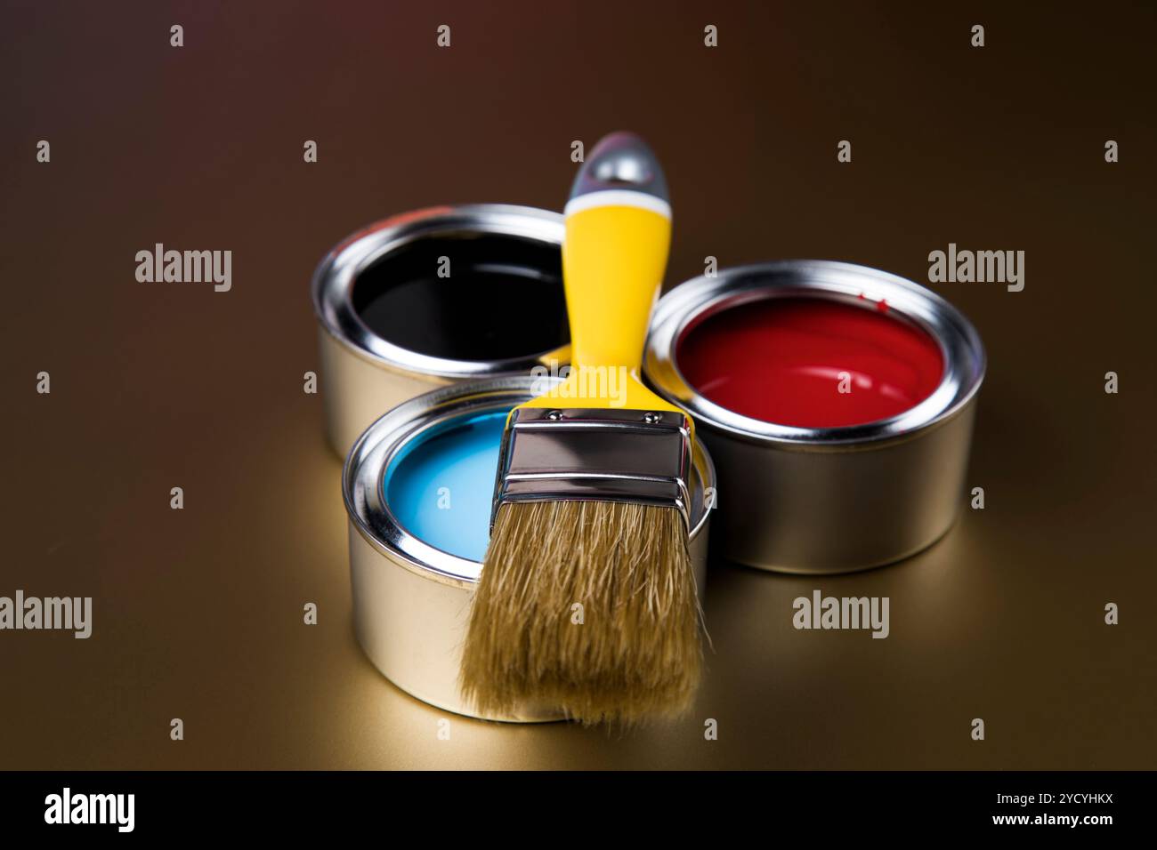Paint brush, tin can and color guide samples Stock Photo - Alamy