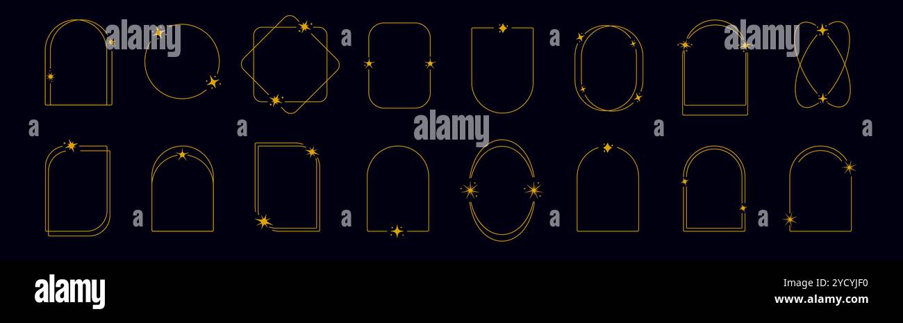 Golden star frame collection outline. Border with space elements ...