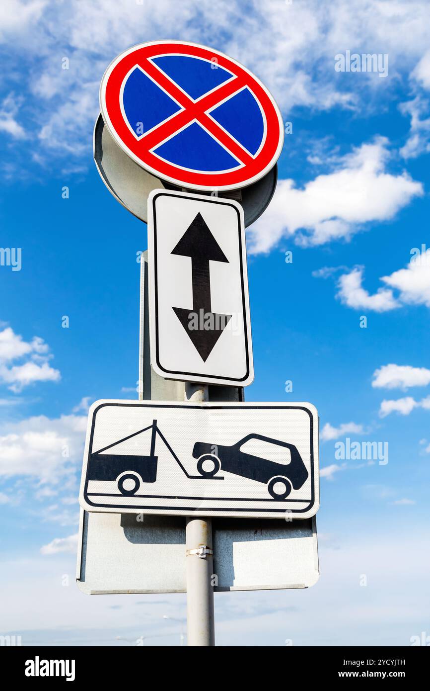 Traffic sign prohibiting parking. Evacuation on tow truck Stock Photo ...