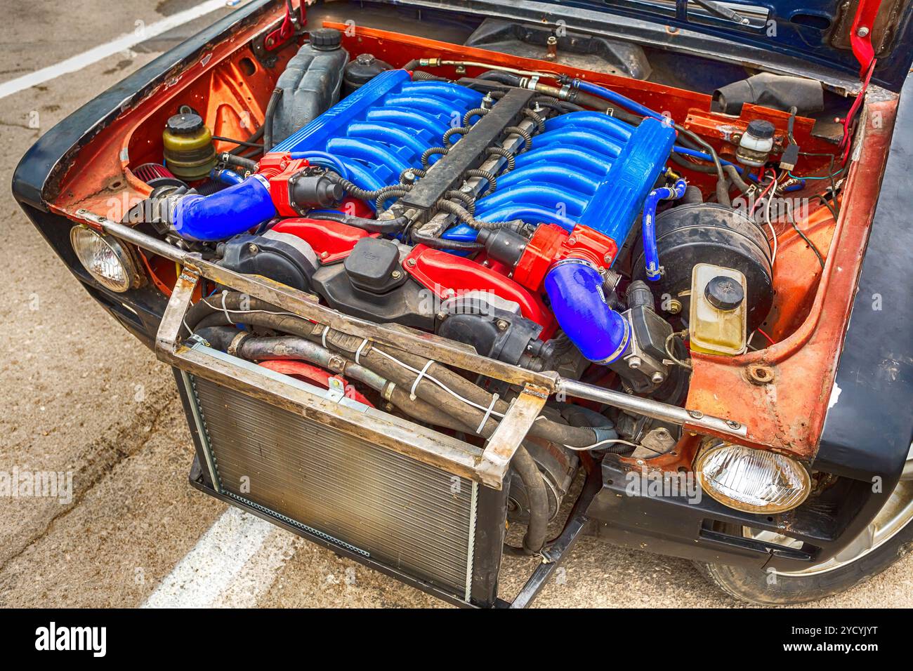 Tuned turbo car engine of BMW in Lada Stock Photo - Alamy