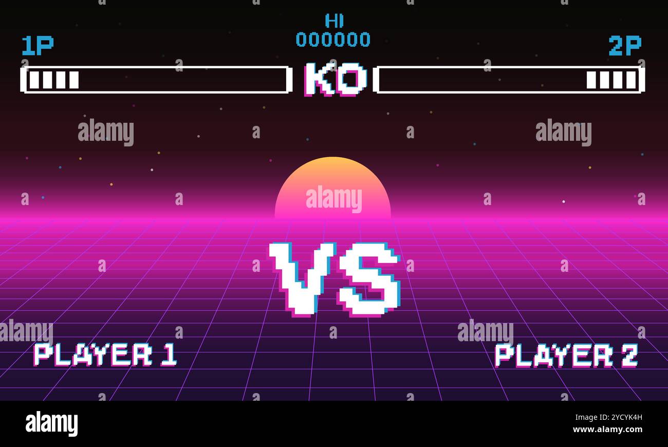 Fight retro game interface in pink style with white VS icon in pixel ...