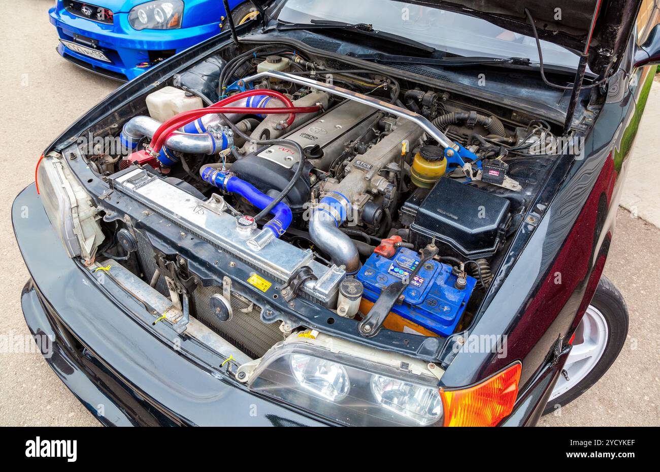 Samara, Russia - May 19, 2018: Tuned turbo car engine of Toyota in Lada ...