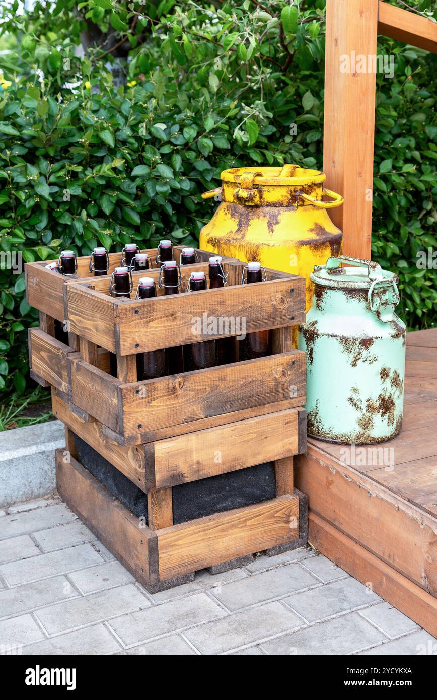 Vintage wooden boxes with craft beer bottles and metal cans Stock Photo ...